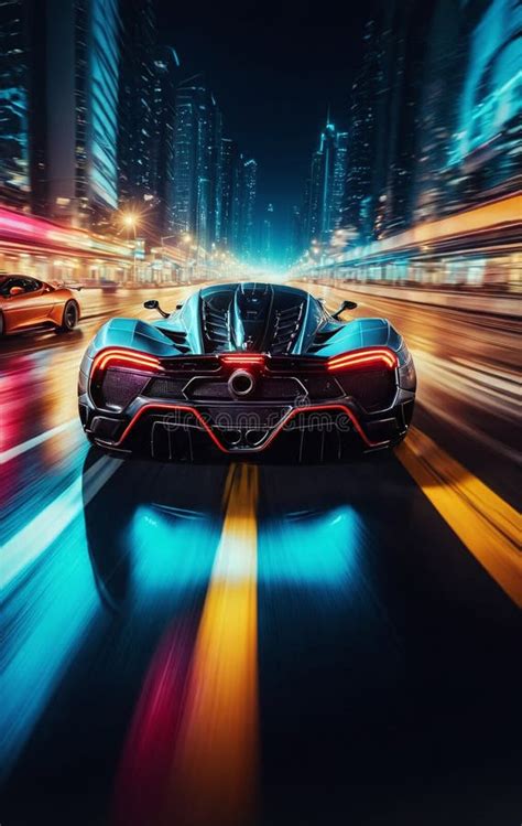 Conceptual Sports Car Races Very Dynamically On A Wide Road In The City At Night Speed Rush