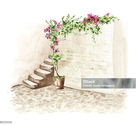 파티오 건축 요소 돌 계단 식물과 꽃으로 장식되어 있습니다 손으로 그린 수채화 그림 복사 공간 흰색 배경에 고립 0명에 대한 스톡 벡터 아트 및 기타 이미지 Istock