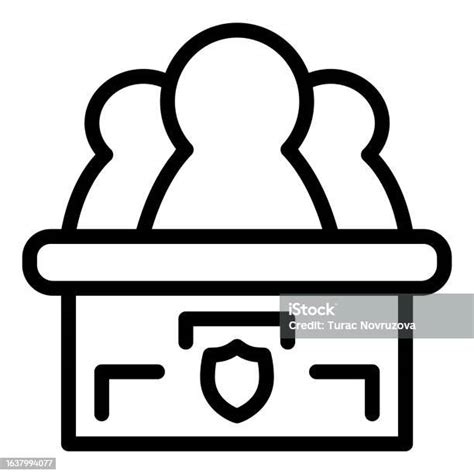 명예로운 배심원 라인 아이콘입니다 구획에 있는 세 개의 인물이 판단 역할을 합니다 법학 벡터 디자인 개념 윤곽선 스타일 픽토그램 흰색 사용 및 앱 Eps 10 감방에 대한