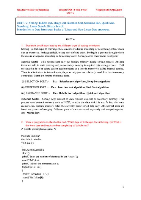 Sorting Algorithms Dsa Unit V Unit V Sorting Bubble Sort Merge Sort Insertion Sort