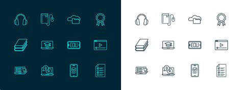 졸업장 질문 및 답변 퀴즈 테스트 설문 조사 졸업 모자 노트북 클라우드 또는 온라인 도서관 헤드폰 및 전자 책 마우스 아이콘으로 온라인 교육을 설정합니다 벡터 개념에 대한