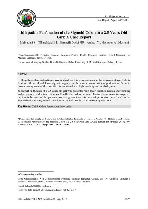 Pdf Idiopathic Perforation Of The Sigmoid Colon In A 2 5 Years Old Girl A Case Report