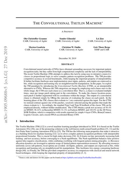 Pdf The Convolutional Tsetlin Machine