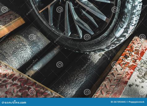 Close Up View Of A Car Wheel During A Geometry Check Ensuring Proper Alignment Stock Image