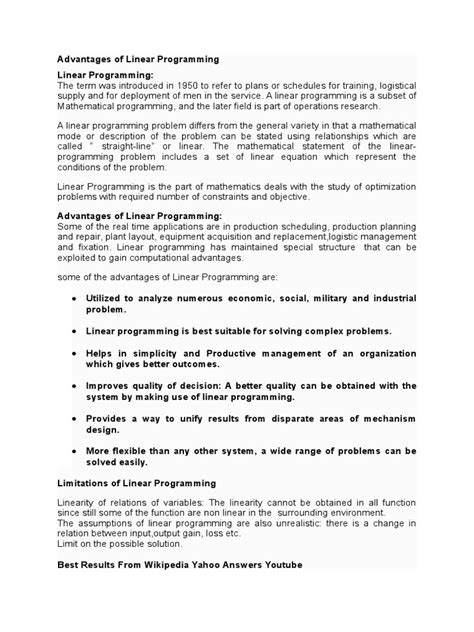 Advantages Of Linear Programming Pdf Linear Programming