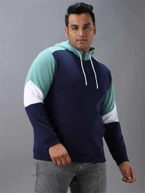 Plus Mens Blue Green Cotton Colour Block Hooded Neck Sweatshirt