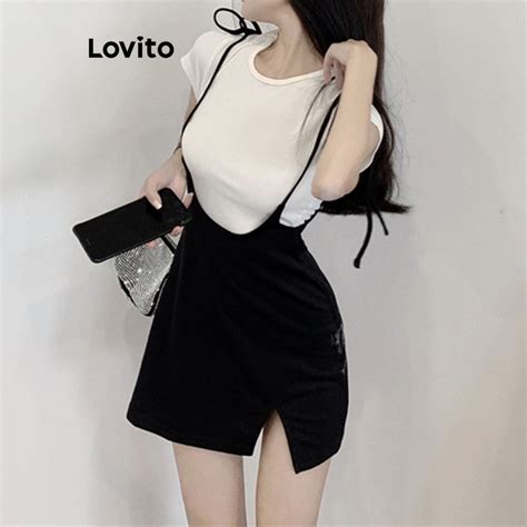 Lovito ชุดเซต กระโปรง แต่งผ่า สีพื้น สไตล์ลำลอง สำหรับผู้หญิง Lne16197 เสื้อ กระโปรง เป็นชุด