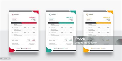 창의적이고 깨끗한 비즈니스 송장 디자인 서식 파일입니다 크리에이티브 송장 템플릿 벡터입니다 3색 변형 크리에이티브 송장 템플릿 디자인 세금 양식 청구서 그래픽 또는 지불