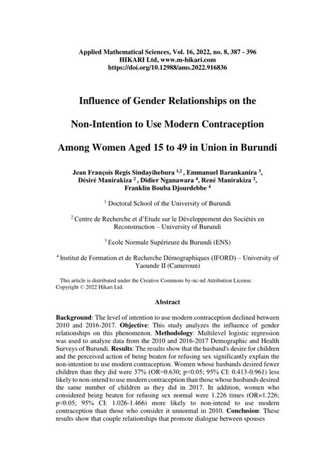 Pdf Influence Of Gender Relationships On The Non Intention To Use Modern Contraception Among