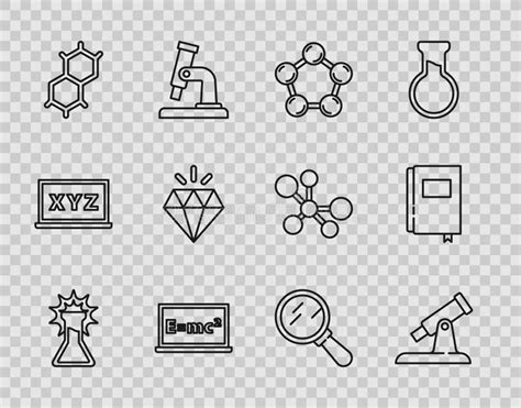 Set Line Test Tube And Flask Telescope Molecule Equation Solution Chemical Formula Diamond