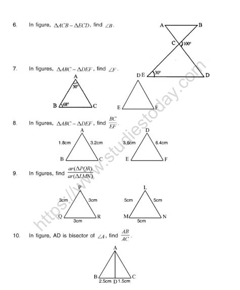 Cbse Class 10 Mental Maths Similar Triangles Worksheet