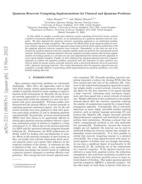 Pdf Quantum Reservoir Computing Implementations For Classical And