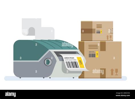 Label Printer With Boxes Packaging Boxes Marked With A Bar Code Vector Icon Illustration Stock