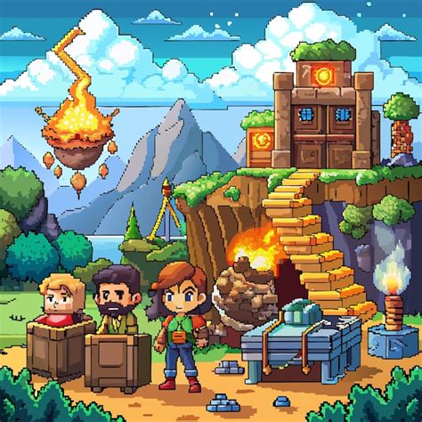 Pixelated Fantasy Characters In Front Of A Castle With A Fiery Sky Premium Ai Generated Vector