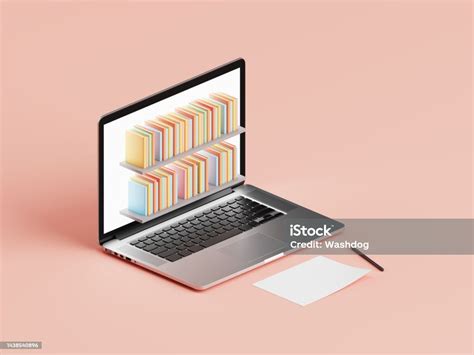 두 줄 책장과 같은 노트북 화면 디지털 정보 공부 교육 및 E 러닝 개념 3d 그림입니다 도서관에 대한 스톡 사진 및 기타 이미지 Istock