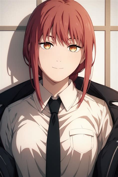 壁の前に立っている赤い髪と黒いネクタイをしたアニメの女の子 Seaart Ai