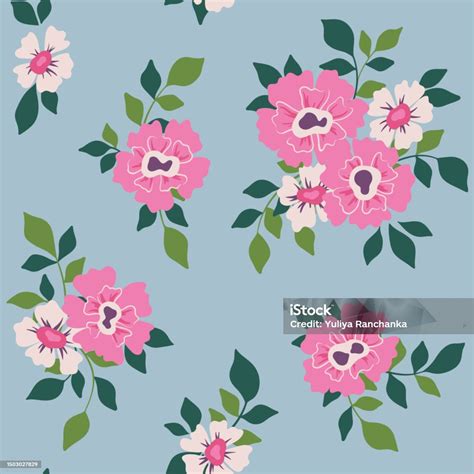 매끄러운 꽃 무늬 귀여운 작은 꽃이 있는 심플한 소박한 프린트 파란색 배경에 꽃다발에 나뭇잎 벡터 그림입니다 0명에 대한 스톡 벡터 아트 및 기타 이미지 Istock
