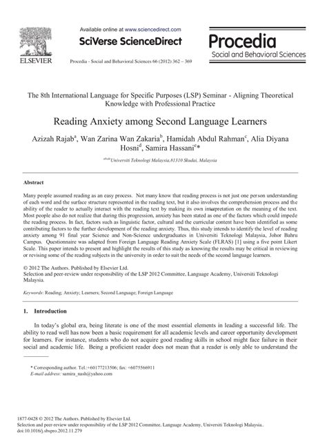 Pdf Reading Anxiety Among Second Language Learners
