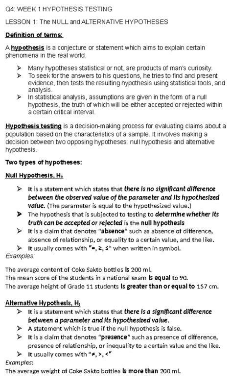 Week1 Hypothesis Testing Q4 Week 1 Hypothesis Testing Lesson 1 The Null And Alternative