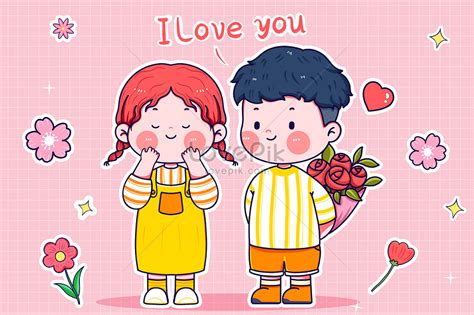 꽃을 보내는 사랑스러운 커플의 고백 일러스트 무료 다운로드 Lovepik