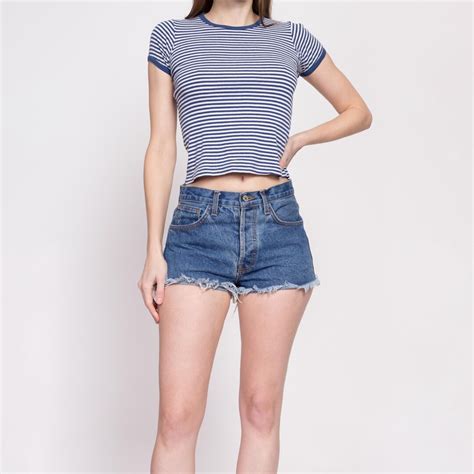 Small Retro Cut Off Cheeky Jean Shorts High Waisted Dark Wash Denim