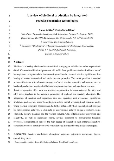 Pdf A Review Of Biodiesel Production By Integrated Reactive Separation Technologies