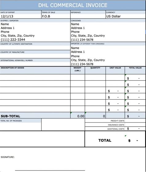Dhl Commercial Invoice Template