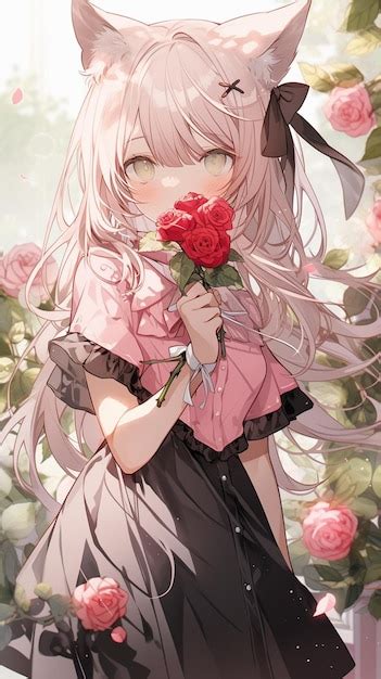 Premium Photo Anime Girl With Long Hair And Cat Ears Holding A Rose