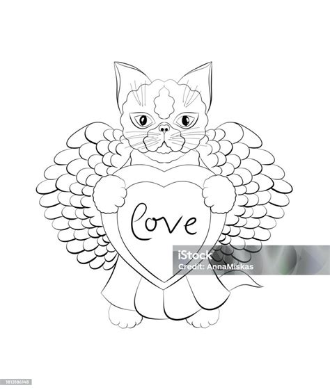 날개와 하트가 있는 손으로 그린 귀여운 고양이 발렌타인 데이 및 색칠을 위한 윤곽선 그리기 가공의 인물에 대한 스톡 벡터 아트 및 기타 이미지 Istock