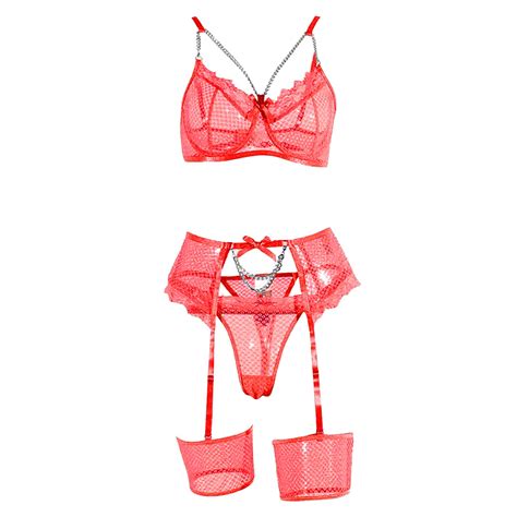 Seductive Mesh Lace Up Lingerie Set With Eyelash Lace Trim Bow Belt And Chain Detail Womens Plus
