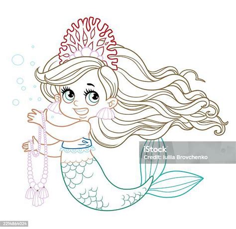 산호 티아라를 쓴 귀여운 인어 공주 소녀는 흰색 배경에 페이지를 색칠하기 위해 윤곽이 그려진 긴 진주 목걸이를 들고 있습니다 공주에 대한 스톡 벡터 아트 및 기타 이미지