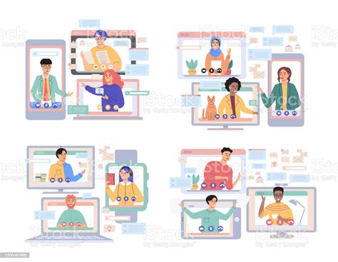 가상 회의 온라인 팀워크 화상 회의에 참여하는 동료 그룹이 있는 컴퓨터 컴퓨터 사용에 대한 스톡 벡터 아트 및 기타 이미지 컴퓨터 사용 프리젠테이션 연설 개념