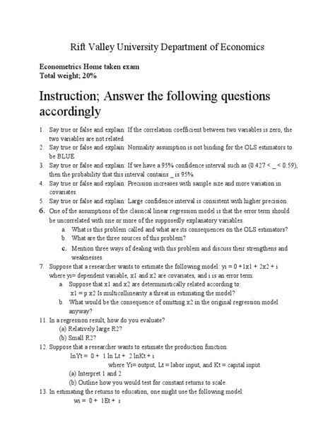 Econometrics Home Taken Exam Pdf Dependent And Independent Variables Ordinary Least Squares