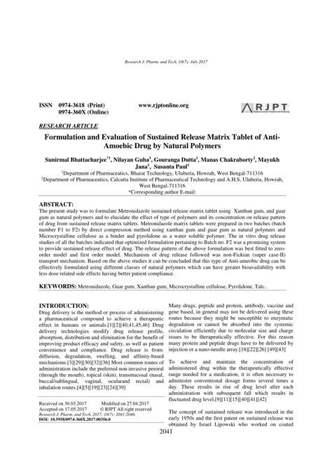Pdf Formulation And Evaluation Of Sustained Release Matrix Tablet Of Anti Amoebic Drug By