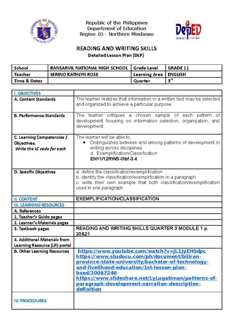 Classification And Exemplification Dlp Republic Of The Philippines Department Of Education