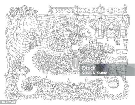 동화 성 궁전 돌 계단 동굴 바로크 가구 정원 장미 백합과 판타지 풍경 성인과 어린이를위한 색칠 공부 책 페이지 0명에 대한 스톡 벡터 아트 및 기타 이미지 Istock