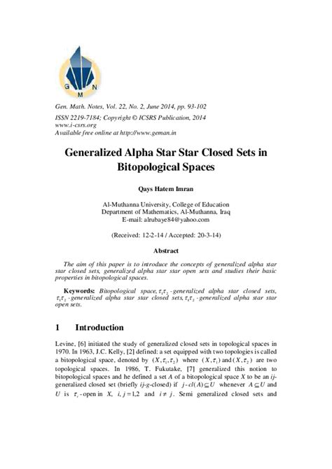Pdf Generalized Alpha Star Star Closed Sets In Bitopological Spaces