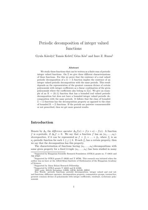 Pdf Periodic Decomposition Of Integer Valued Functions
