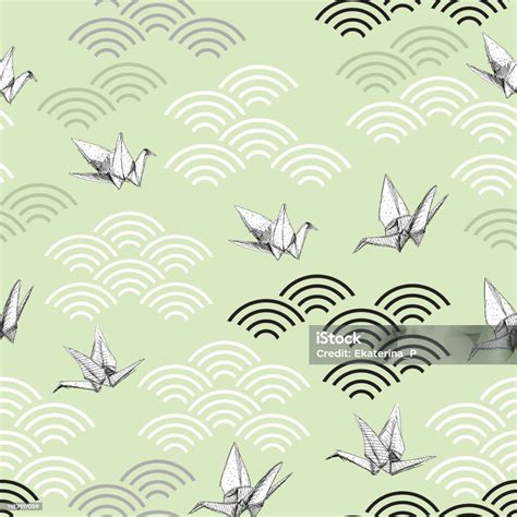 종이 접기 백지 크레인 스케치 원활한 패턴 녹색 자연 동양 배경에 회색 검은 색 흰색 선 일본 웨이브 원 선물 포장 직물 배경 화면에 사용할 수 있습니다 벡터 동아시아