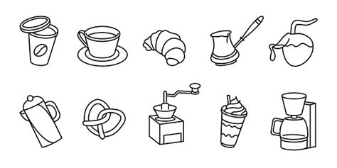 커피숍 외곽선 아이콘 세트입니다 카페 메뉴 라인 벡터 일러스트 레이 션 모음입니다 카페테리아 바리스타 장비 기호입니다 선형 커피 상대 표지판 커피 컵 크루아상 그라인더
