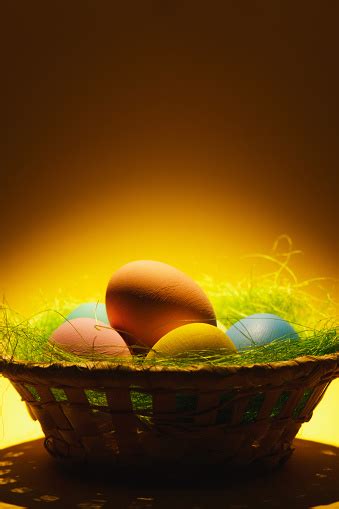 다채로운 파스텔 모노 전통적인 그린된 부활절 달걀 바구니 검은 그림자 실루엣 빛과 어두운 노란색 배경에 녹색 잔디와입니다 광고에 대 한 공간을 복사 합니다 텍스트에 대 한