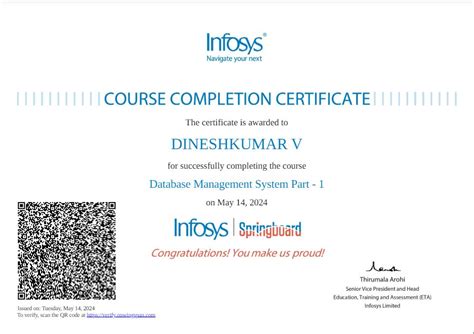 Completed Database Management Course From Infosys Dineshkumar V Posted On The Topic Linkedin