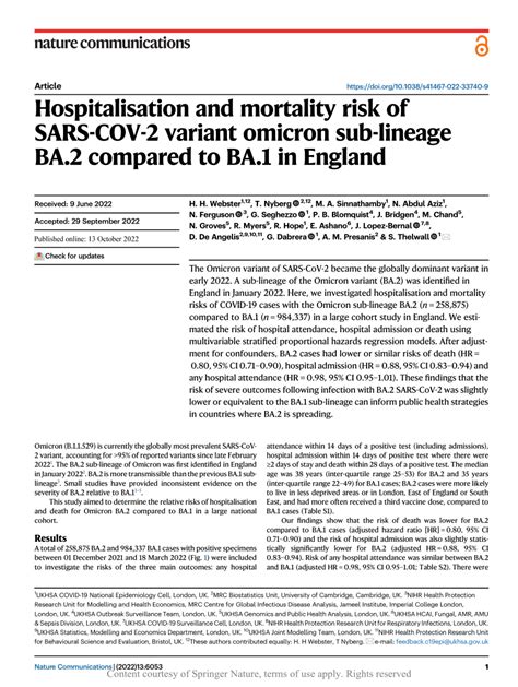 Pdf Hospitalisation And Mortality Risk Of Sars Cov 2 Variant Omicron Sub Lineage Ba2 Compared