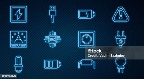 라인 발광 다이오드 배터리 충전 수준 표시기 미세 회로 프로세서 Cpu 암페어 미터 멀티 미터 전압계 번개 볼트 전등 스위치 및 Usb 케이블 코드 아이콘을 설정합니다 벡터