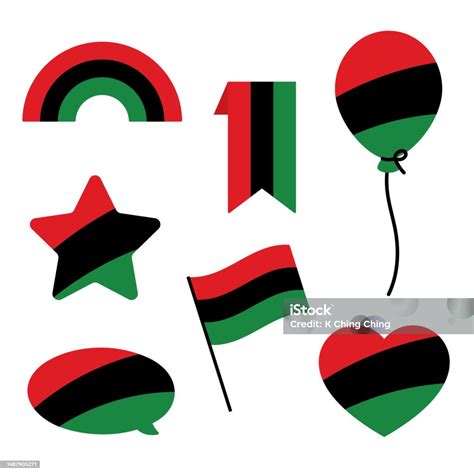 빨강 검정 및 녹색 색상의 하트 별 무지개 풍선 깃발 말풍선 모양 아이콘은 범아프리카 국기의 색상입니다 Juneteenth와 흑인 역사의 달을 위해 0명에 대한 스톡 벡터