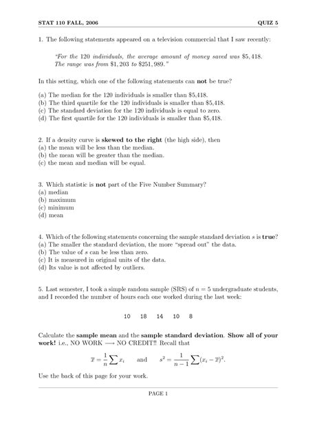5 Problems For Quiz 5 Introduction To Statistical Reasoning Stat 110 Docsity