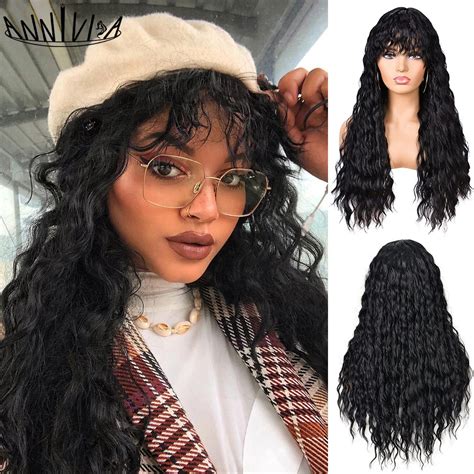 Long Hair Kinky Curly Wigs With Bangs For Black Women Natural Glueless
