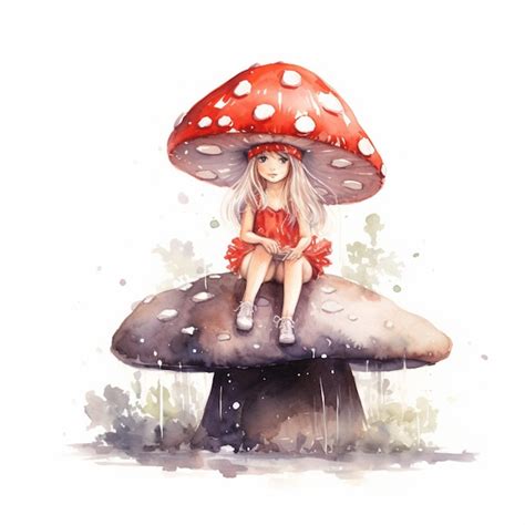 Premium Photo There Is A Girl Sitting On A Mushroom With A Red Dress