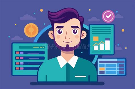 a cartoon illustration of a smiling man with customizable private data charts and graphs