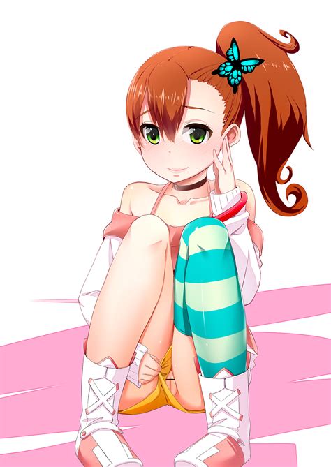 rule 34 bare shoulders blush boots brown hair butterfly hair ornament